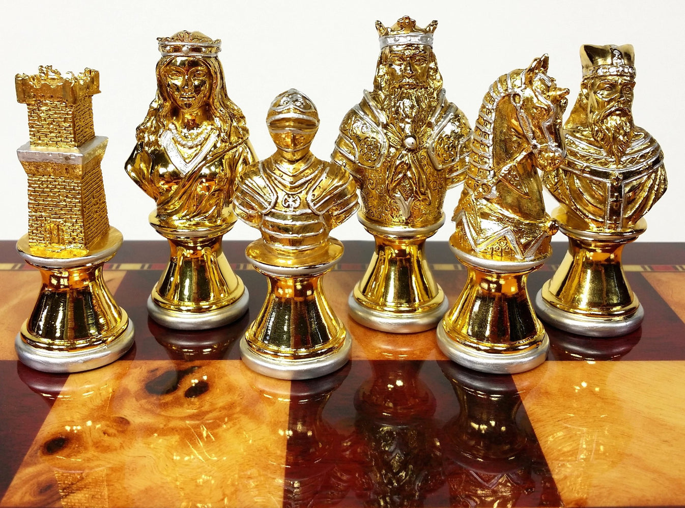 METAL Medieval Times Crusades Gold & Silver Busts Chess Set 18" Cherry ...
